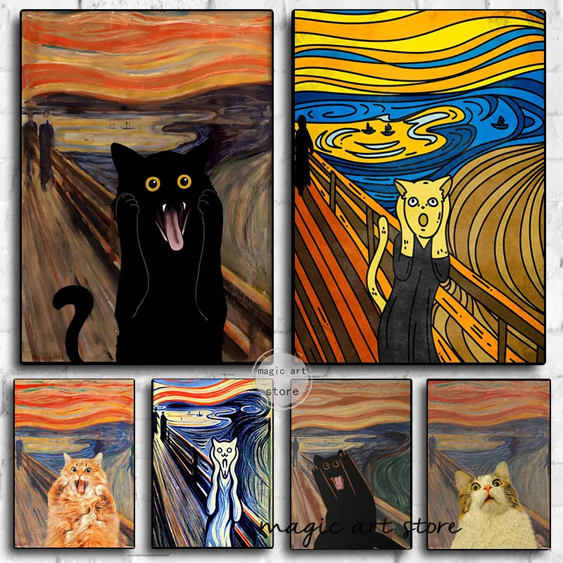 Vintage-lustig-der-Schrei-Katze-Edvard-Munch-Katze-schwarze-Katze-Kunst-Poster-Leinwand-Malerei ...