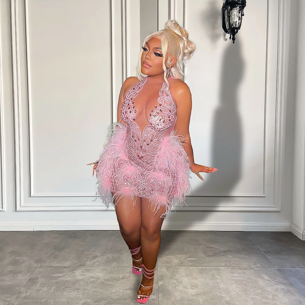 Beautiful-Sexy-See-Through-Sheer-Women-Birthday-Party-Formal-Gowns-Pink-Feather-Sparkly-Diamond ...