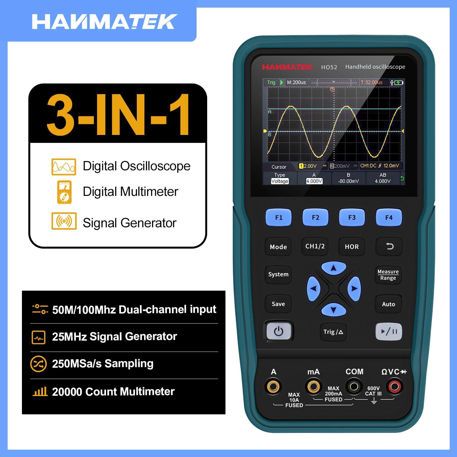 Digital oscilloscope 50Mhz bandwidth, 2 channels 3.5"TFT mini ...