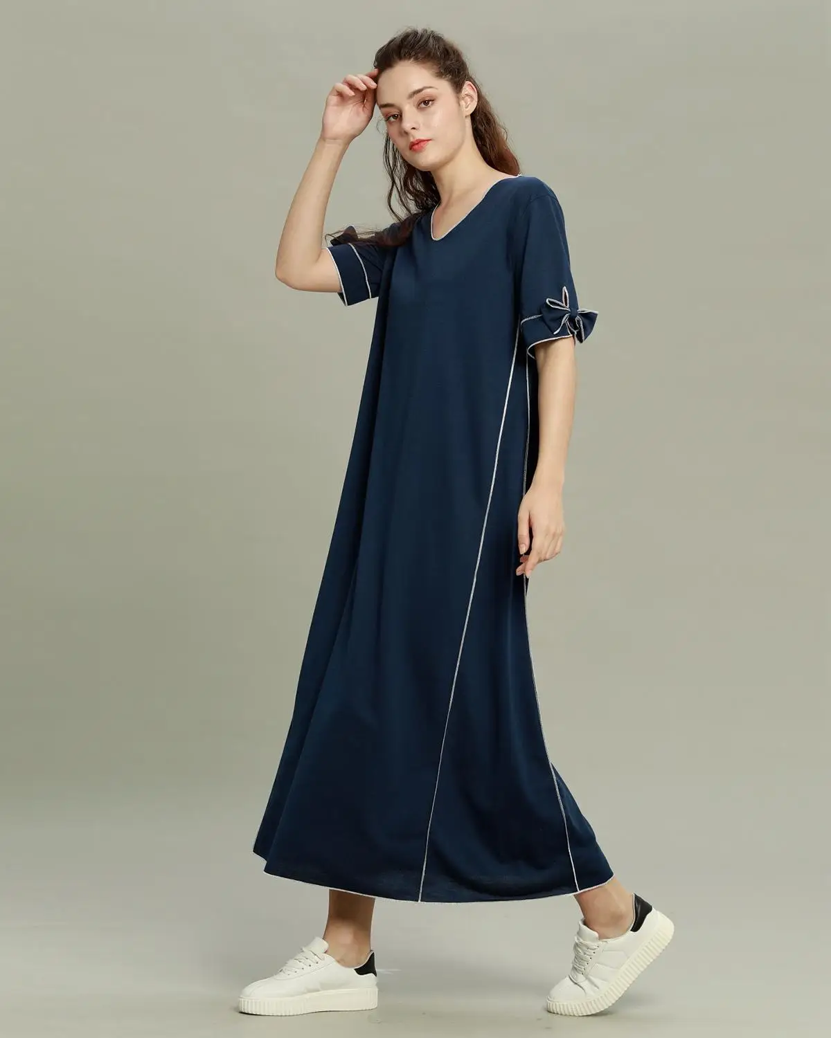 Half Sleeve Tie Belt V Neck Shift Women Dresses Casual Loose Solid Blue ...