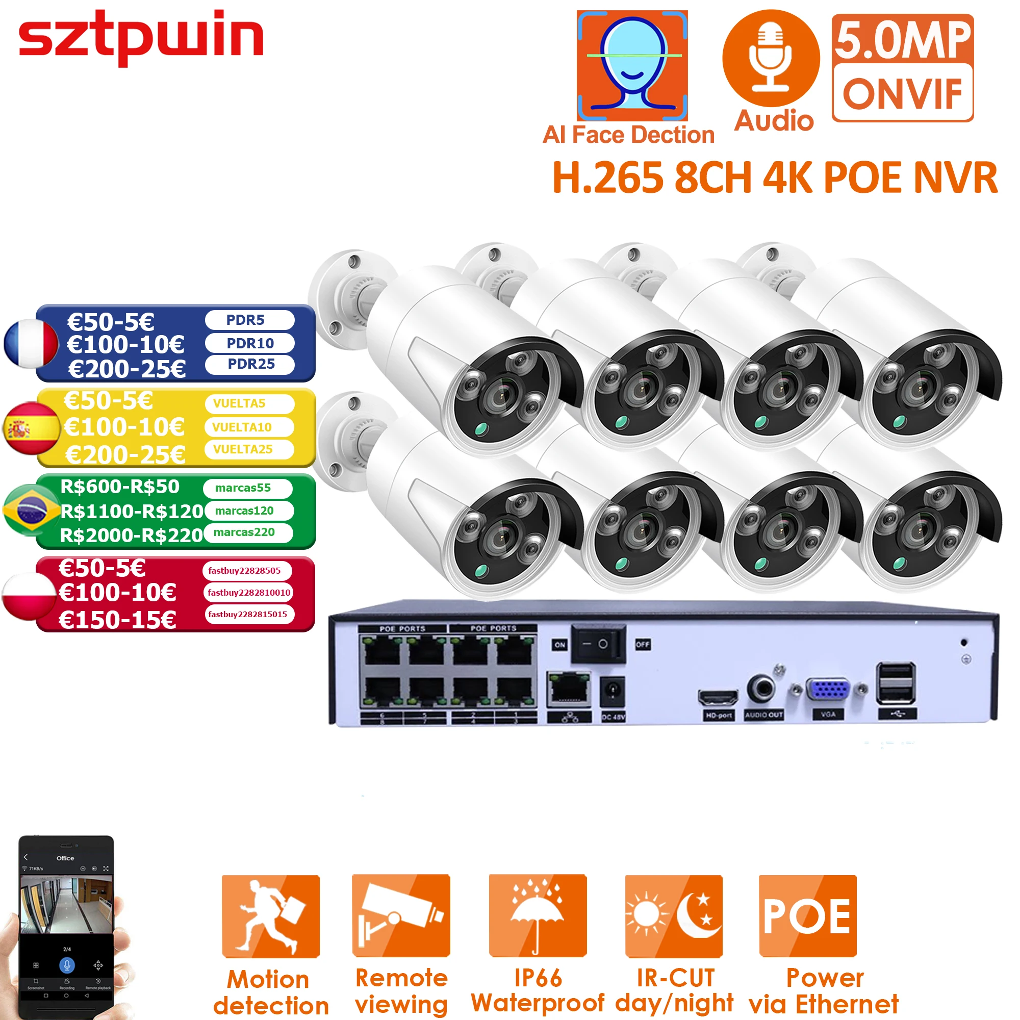 H.265+ 8ch 5mp Poe Security Camera System Kit Audio Record Rj45 Ip ...