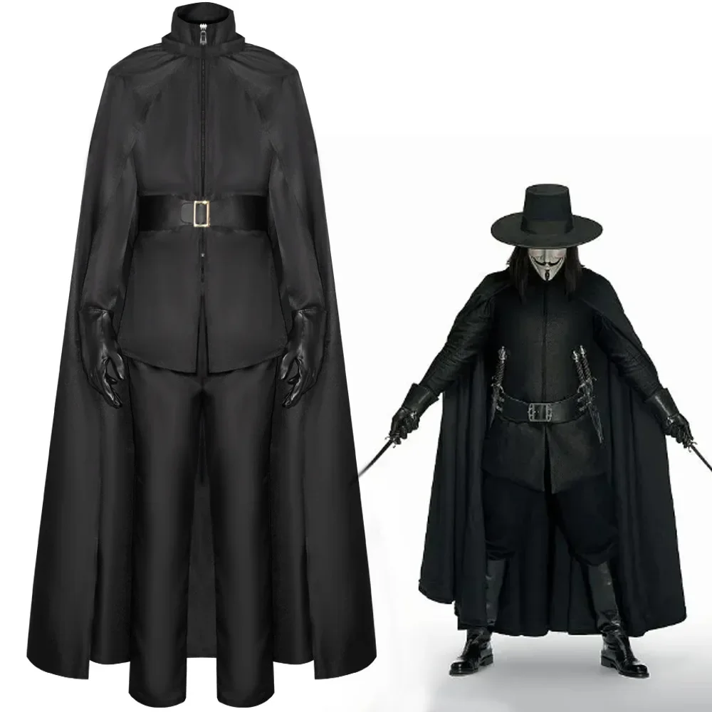 V for Vendetta Black Killer Suit Cosplay Costume with Cloak Halloween ...