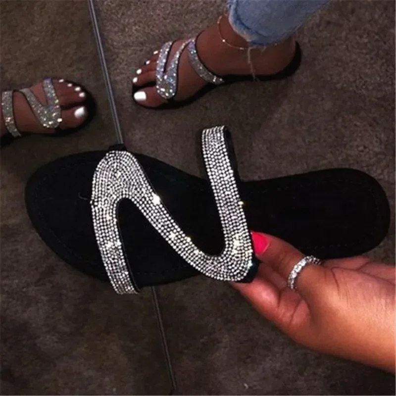 Sexy Women Sandals Summer Beach Shallow Mouth Rhinestones Ladies