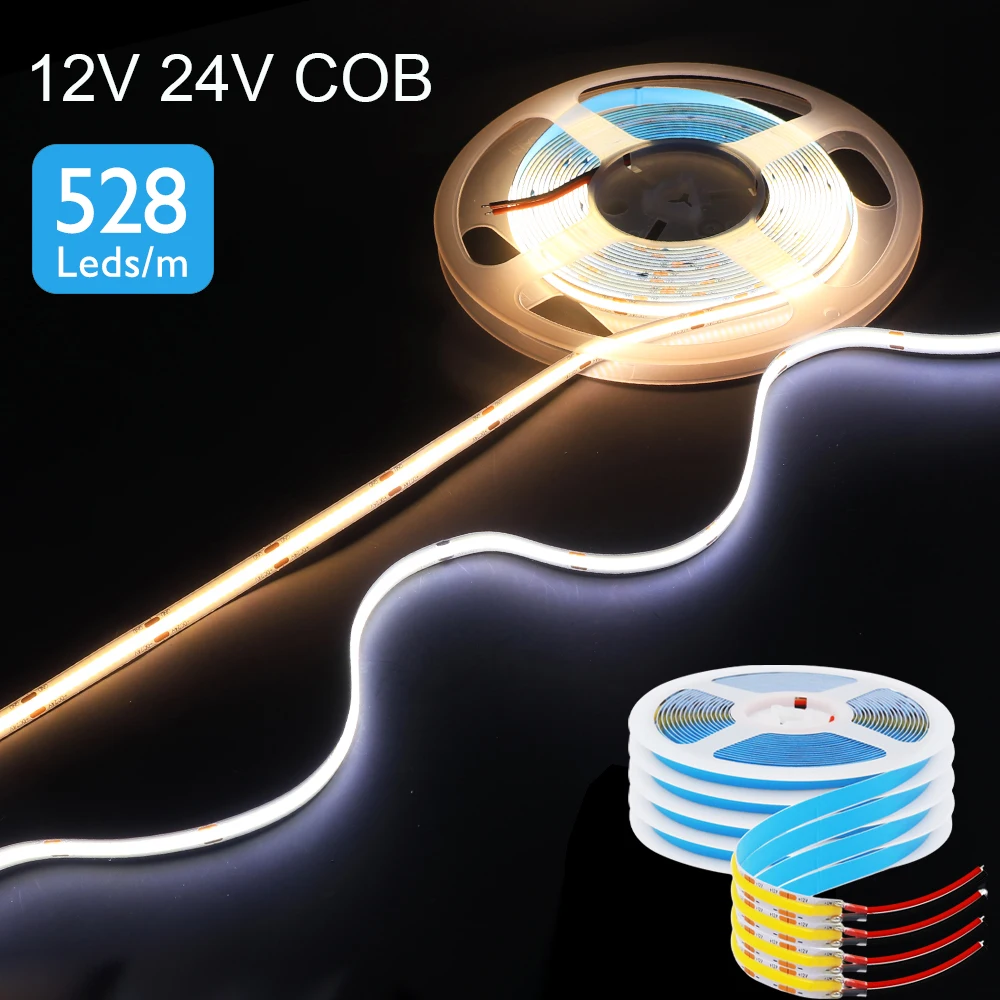 12V 24V COB LED Strip Light 528LEDs/m High Density Flexible Tape 8mm ...