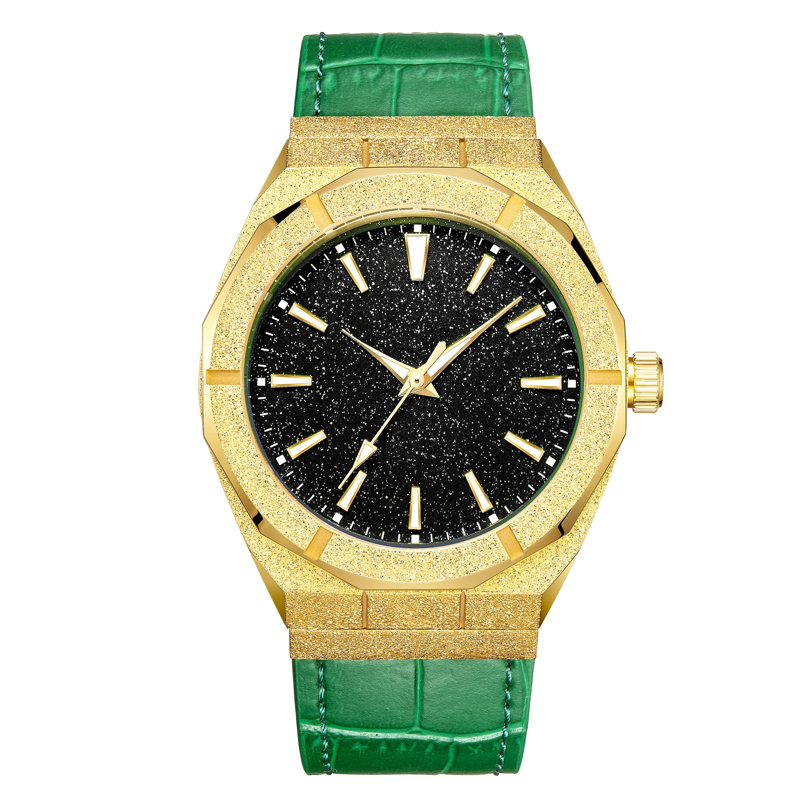 Men-Watch-Stainless-Steel-Japan-Quartz-Genuine-Green-Leather-Frosted ...