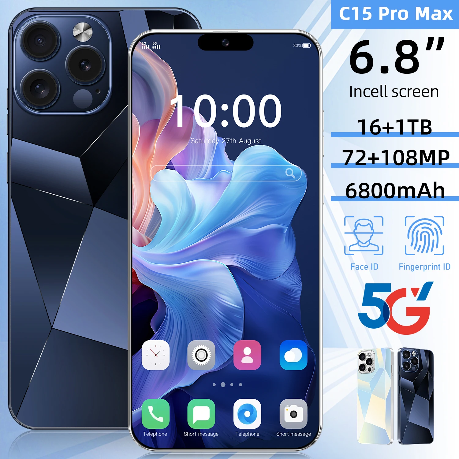 Teléfono Inteligente C15 Pro Max, SmartPhone con pantalla HD 6,8, 5G, 16G + 1TB, Android 14,0 ...