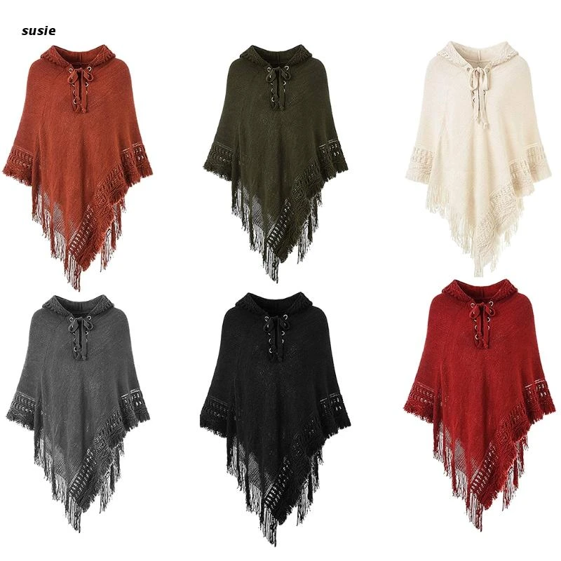 X7ya Women Winter Hoodies Shawl Wrap Knit Fringe Tassel Lace-up Oversized Poncho Cape - Capes ...