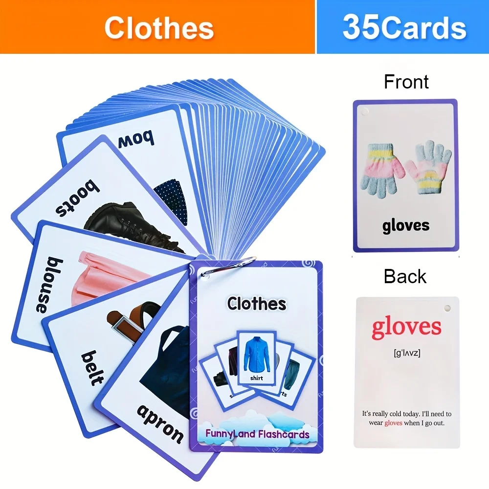 35Pcs Clothes Theme English Flashcards for Kids Children Double Side ...