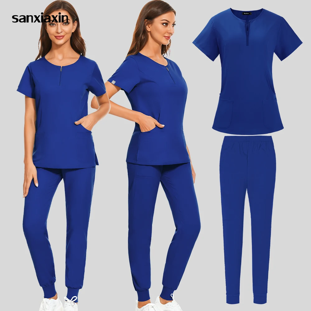 Uniforme médico azul real para mujer, camisa de manga corta ...