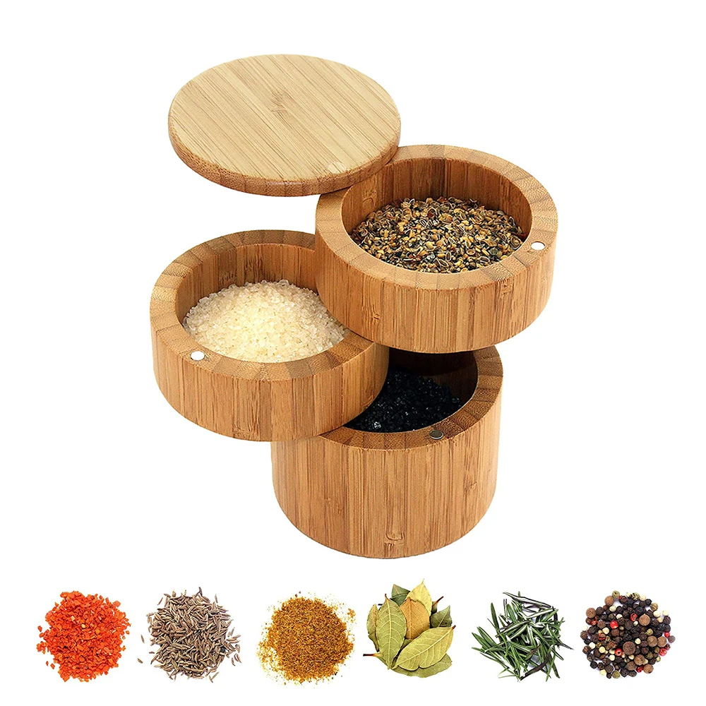 Functional Bamboo Kitchen Salt Storage Jars, Spice Organizer Box, Multi ...