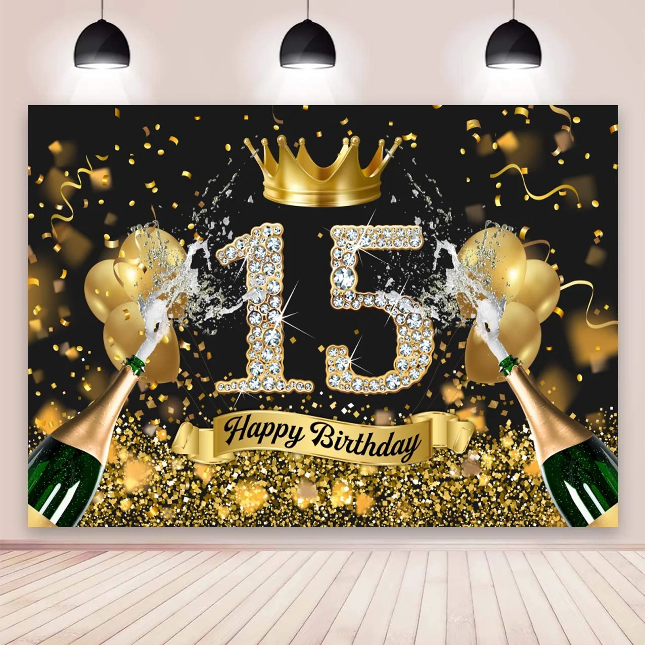 Black Glod 15th Backdrop Gloden Crown Boys Girls 15 Years Old Birthday ...