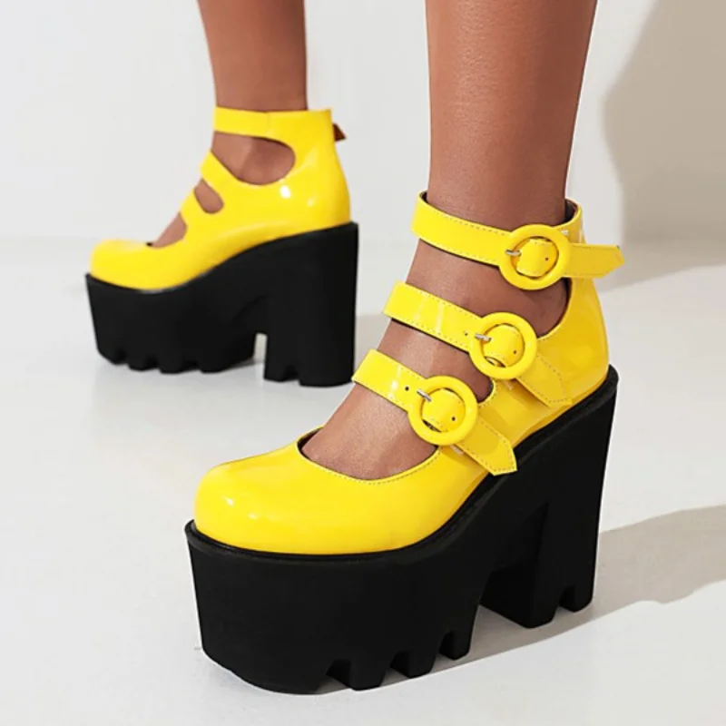 Three Rows Of Round Buckle Super High Wedges Sexy Women's Pumps Bright ...
