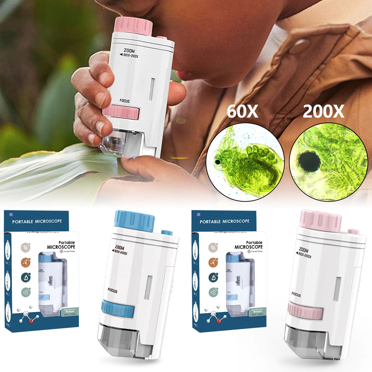 Kids Science Microscop 60-200x Pocket Microscope Porta Electric Mini ...