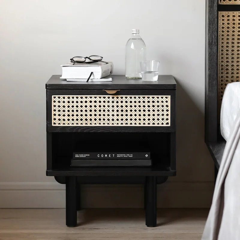 High quality solid wood bedside table black simple vine drawer locker ...