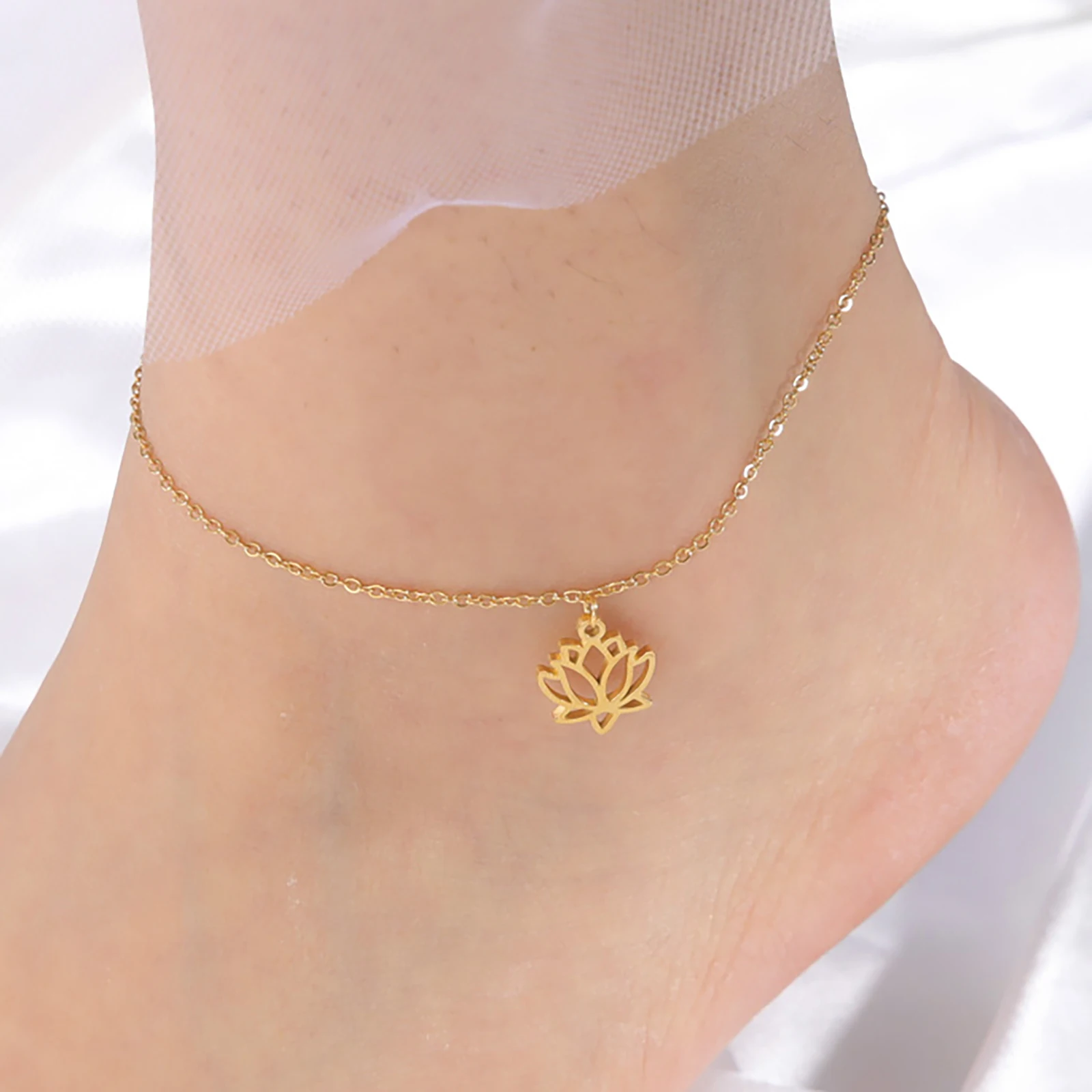 Skyrim Women Lotus Flower Anklet Stainless Steel Bohemian Pendant Leg ...