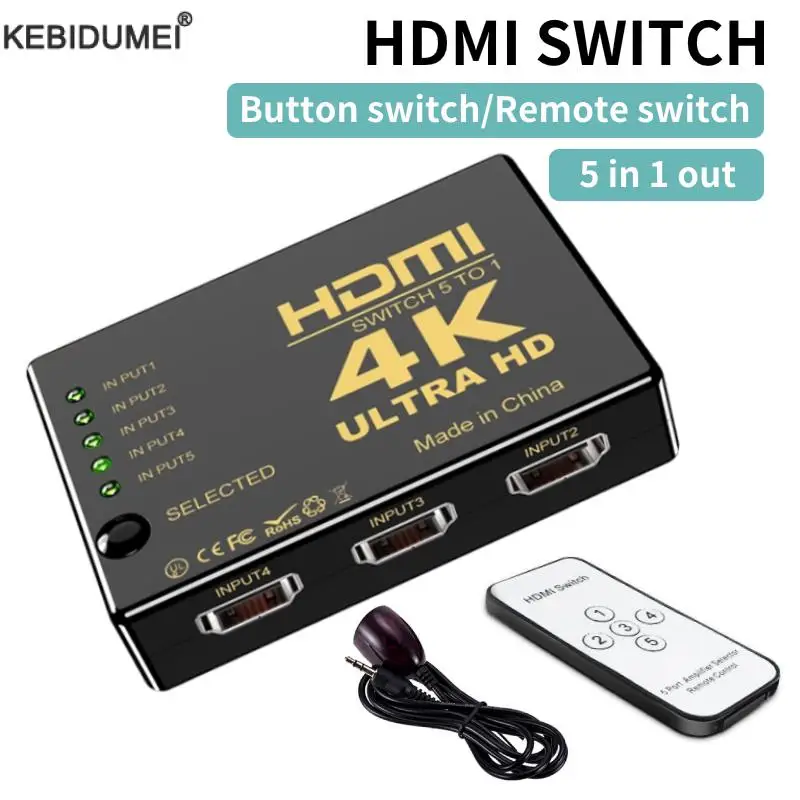 4K HDMI 스위처 5 in 1 Out HDMI 호환 분배기 선택기 비디오 박스 어댑터, IR 리모컨 포함, PC HDTV ...