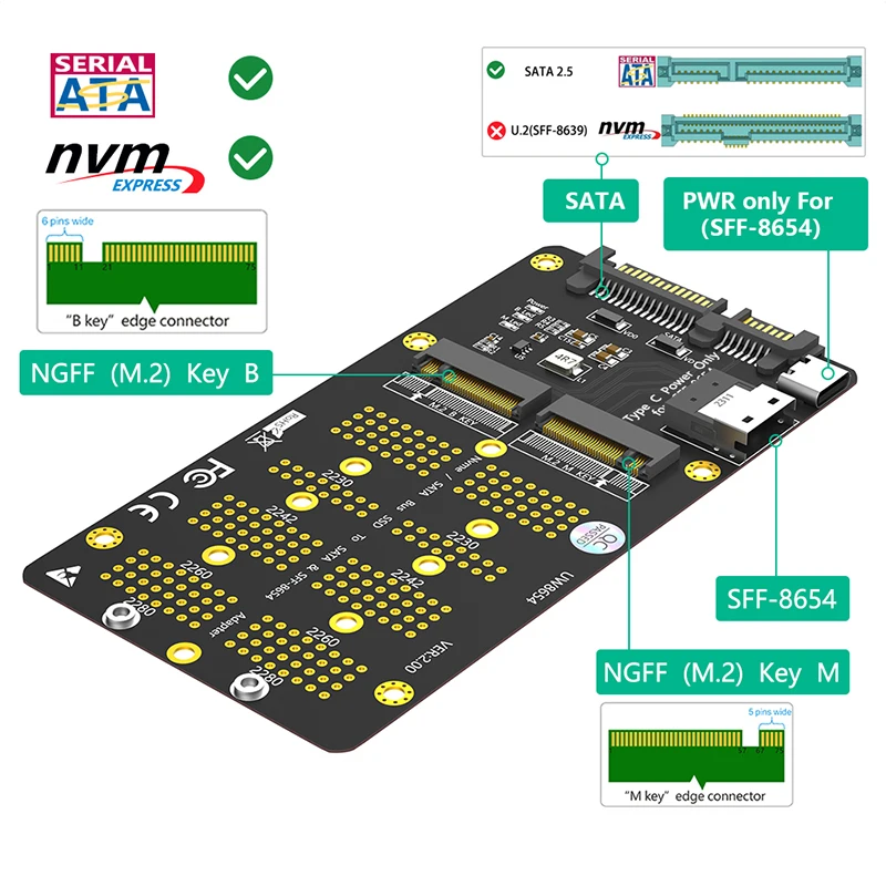Адаптер M2 SSD M.2 NVME M Key to SFF-8654 с питанием типа C M.2 SATA B ...