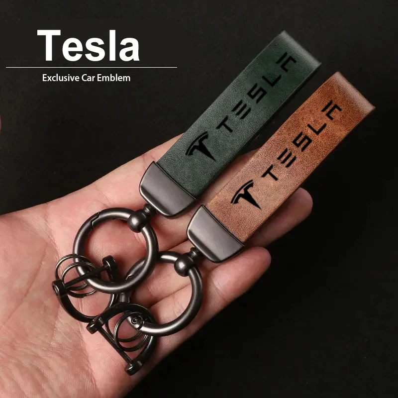 Tesla Logo Car Vintage Leather Keychain Ring Zinc Alloy Chain Key For ...