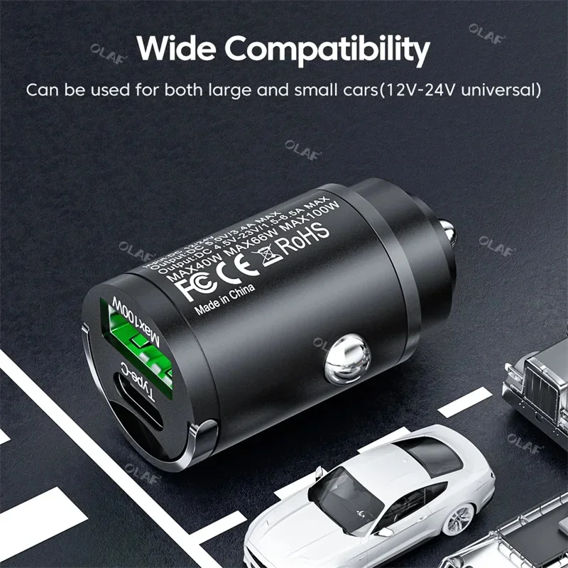 Olaf-100W-Mini-Car-Charger-Dual-Ports-Pull-Ring-Fast-Charge-Type-C-PD ...