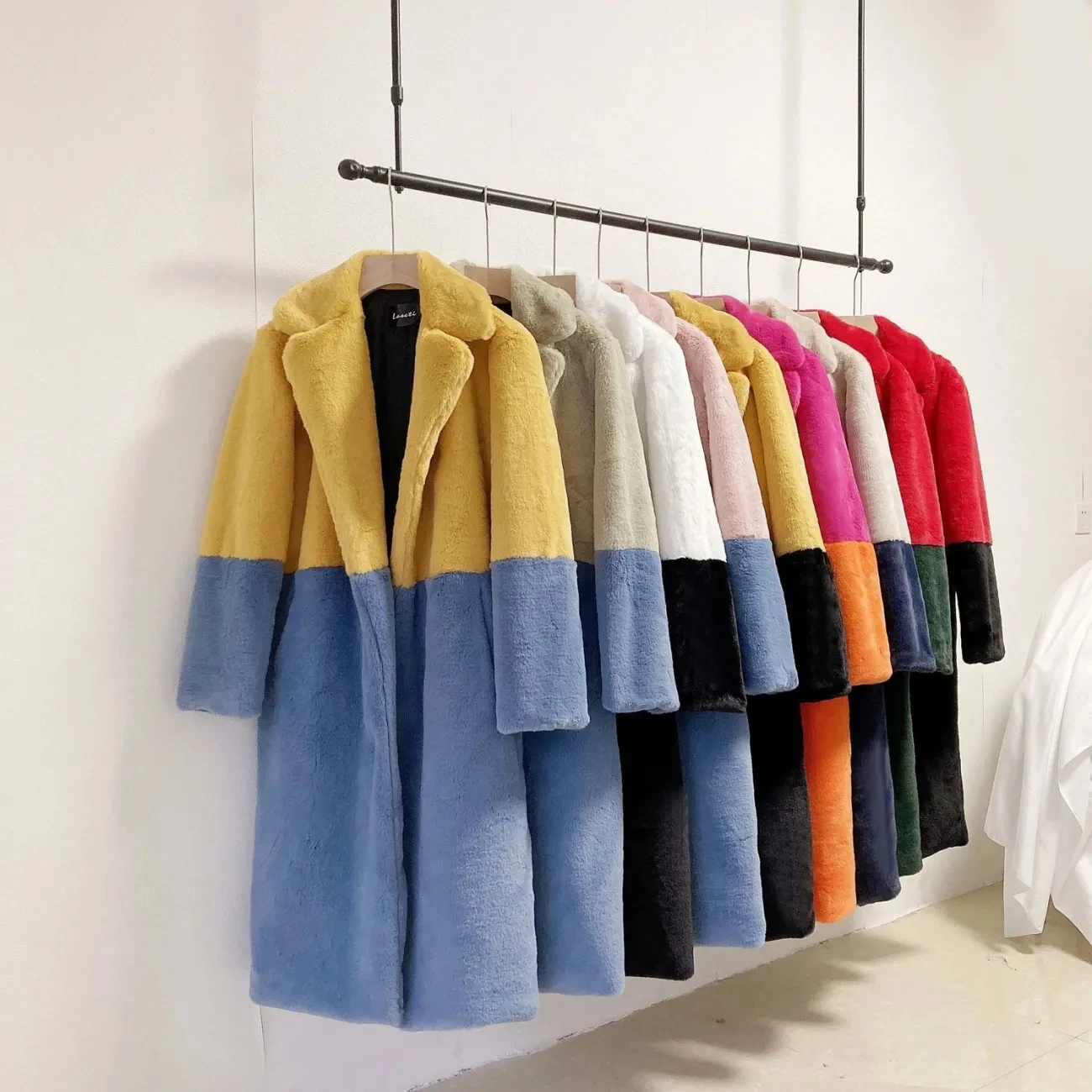 Luxury Faux Rabbit Fur Coats Fluffy Women's Two Tone Furry Long ...