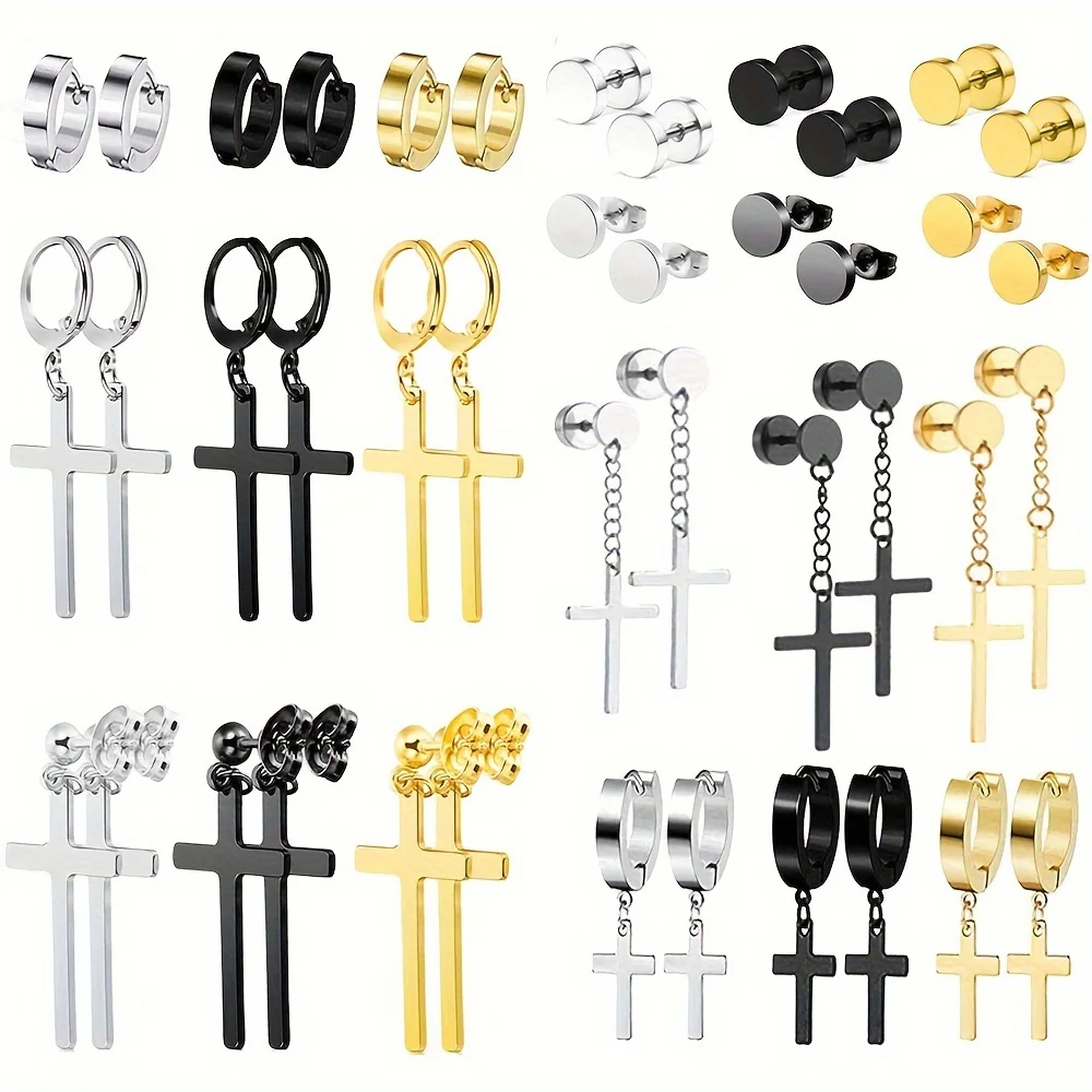 21 Pairs Stainless Steel Dangle Hoop Earrings For Men, Punk Cool Stud ...