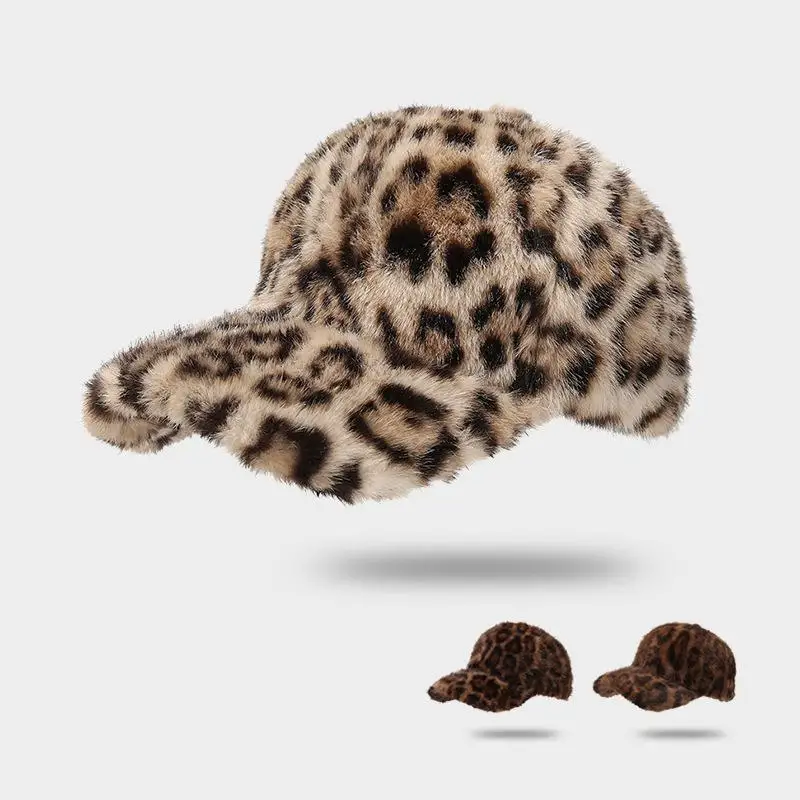 Leopard Print Baseball Cap Women Plush Faux Fur Keep Warm Winter Women ...