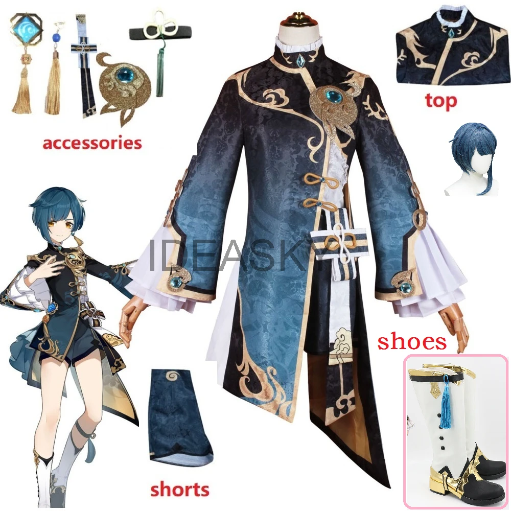 애니메이션 게임 원신 XingQiu 코스프레 의상, Xing Qiu 복장 신발 귀걸이 가발 바지 의류 소품 액세서리 할로윈