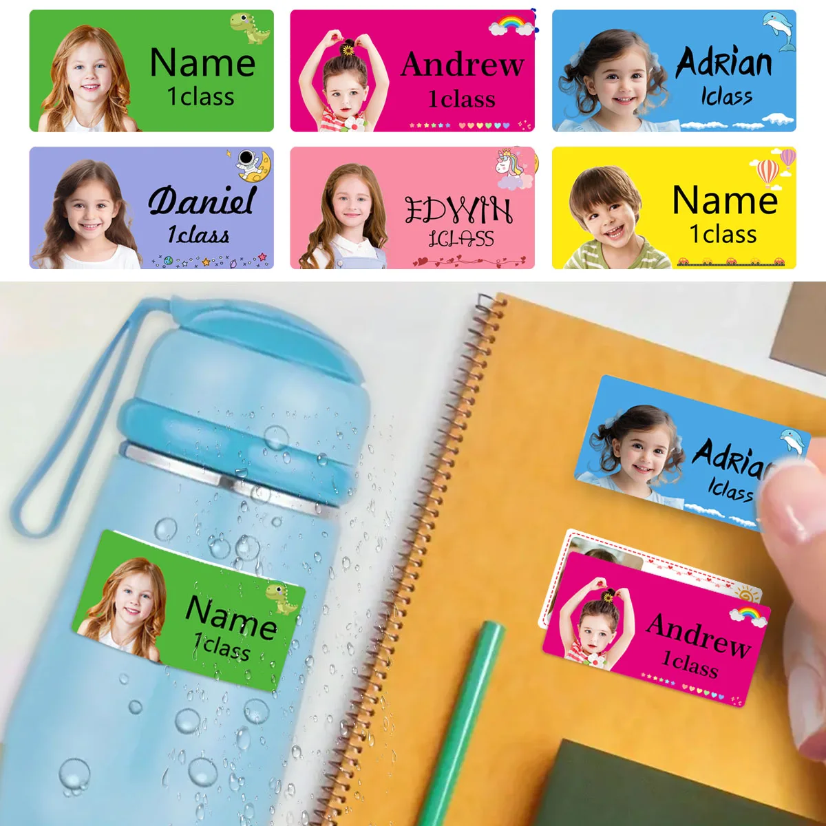 Custom photos Name Stickers for kid's Water Bottles, Stationery ...
