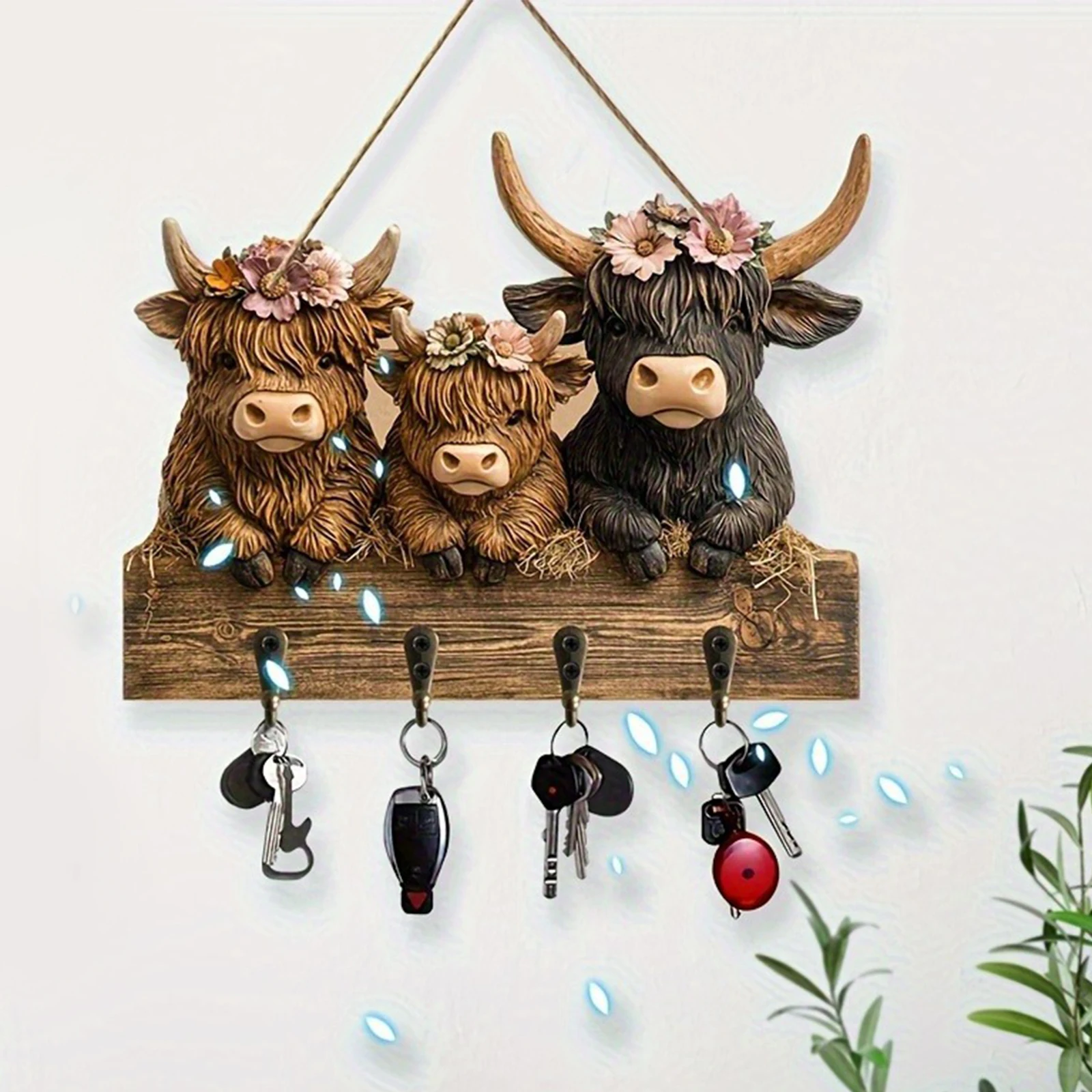 Highland Cow Keychain Hanger 2D Flat Wooden Animal Key Holder With 4 ...