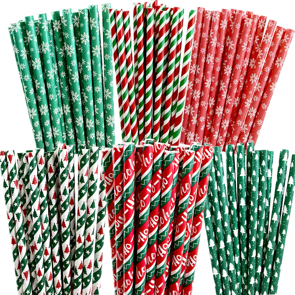 100-500-PCS-Christmas-Paper-Straws-Biodegradable-Disposable-Drinking ...