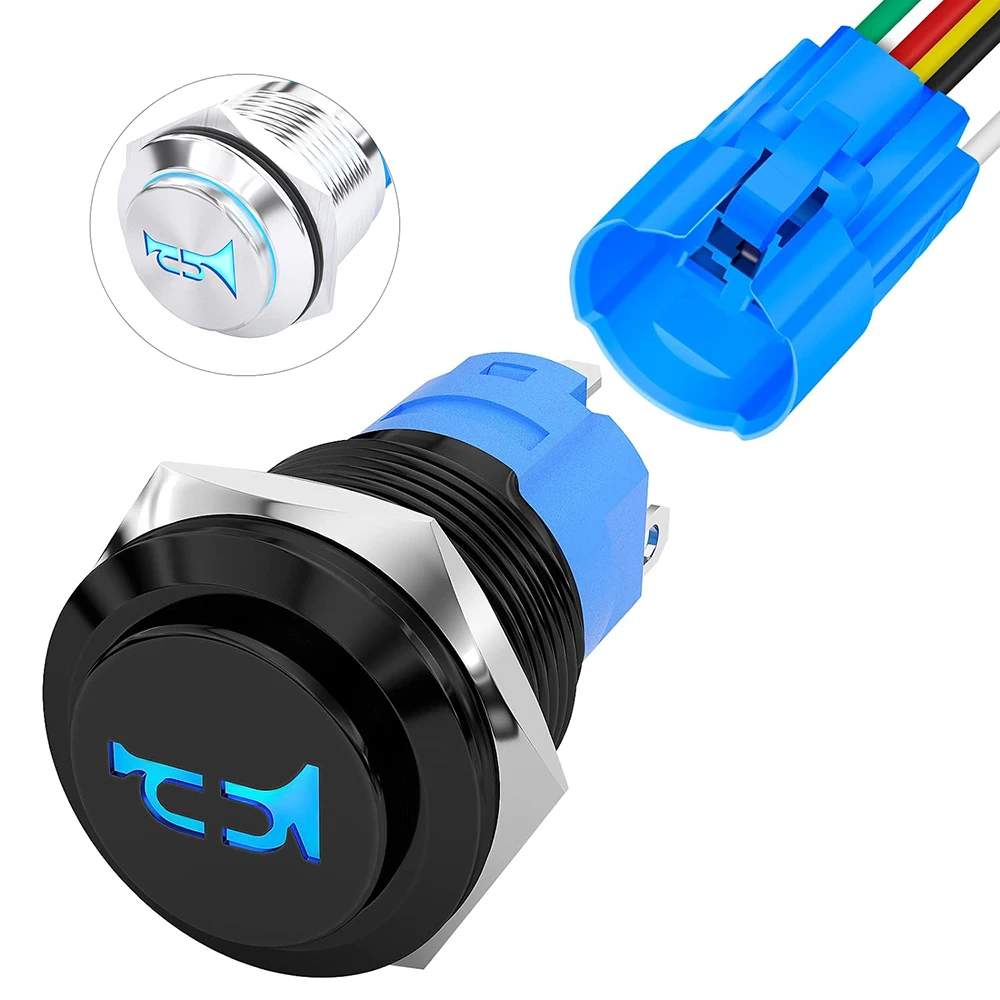 Horn Button 12V Car Switch 16MM Momentary Push Button Switch 12V Blue ...