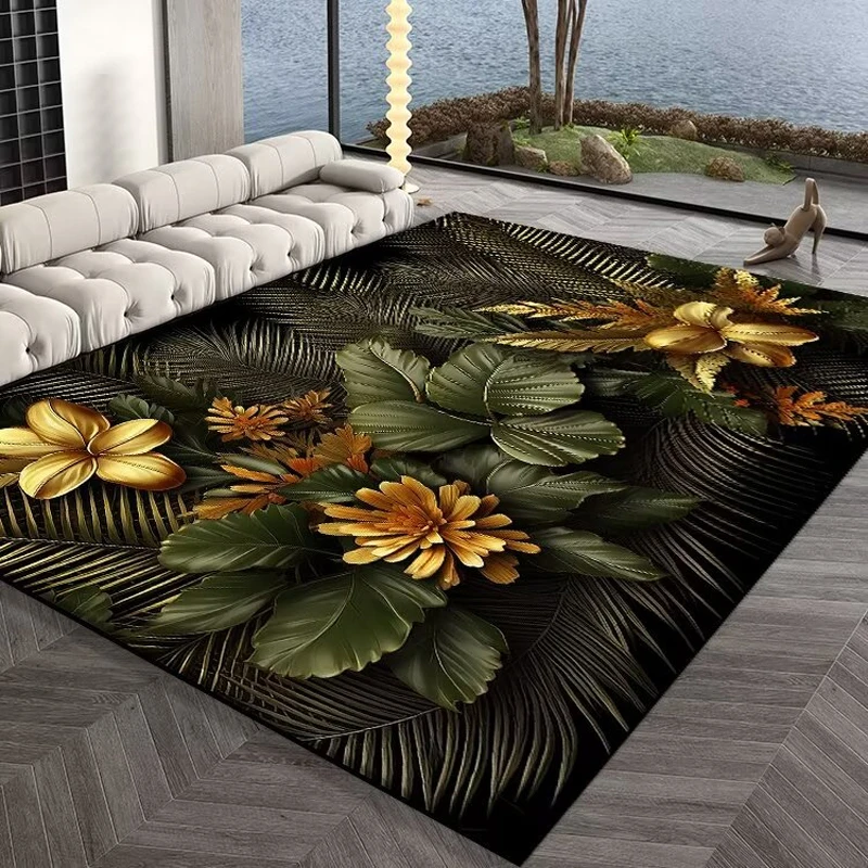 Luxury-Dark-Carpets-for-Living-Room-3D-Gold-Flowers-and-Leaves-Pattern ...