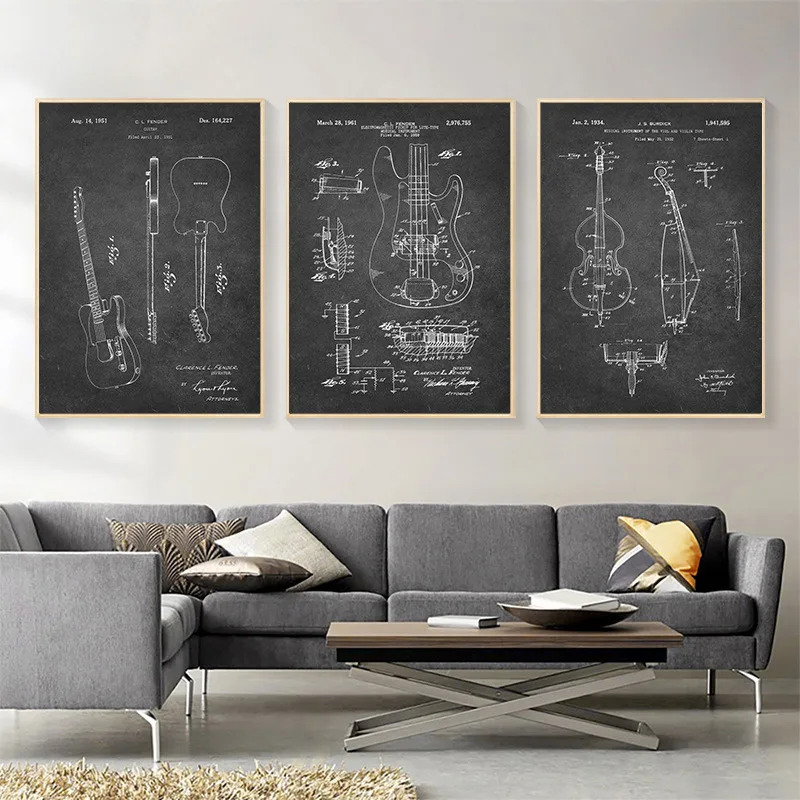 Instrument-Drawings-Guitar-Violin-Posters-Vintage-Music-Canvas-Painting ...