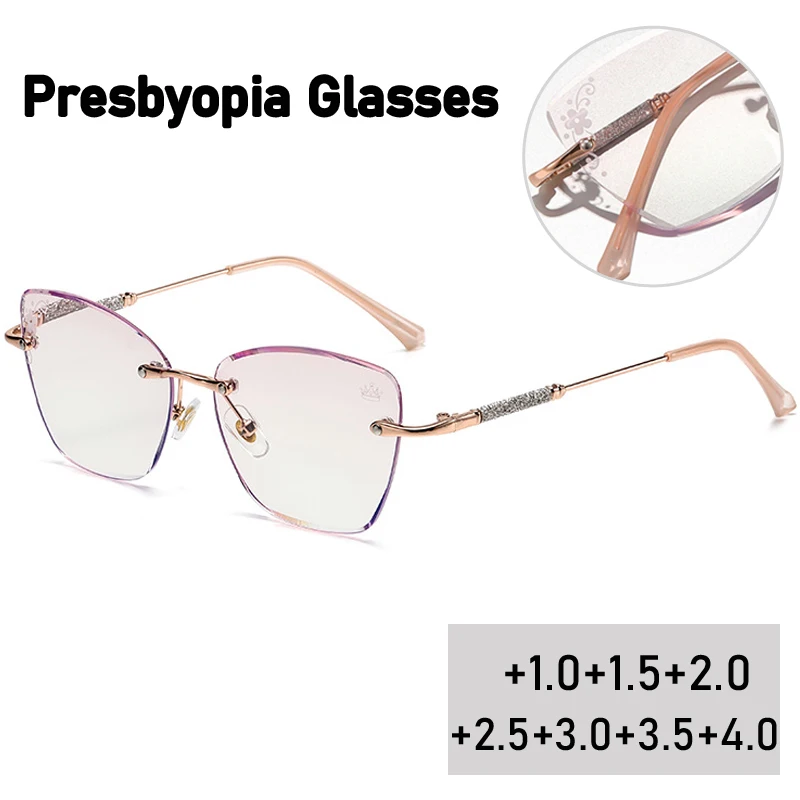 Rimless-Ladies-Hyperopia-Glasses-Anti-Blue-Light-Diamond-Cutting ...