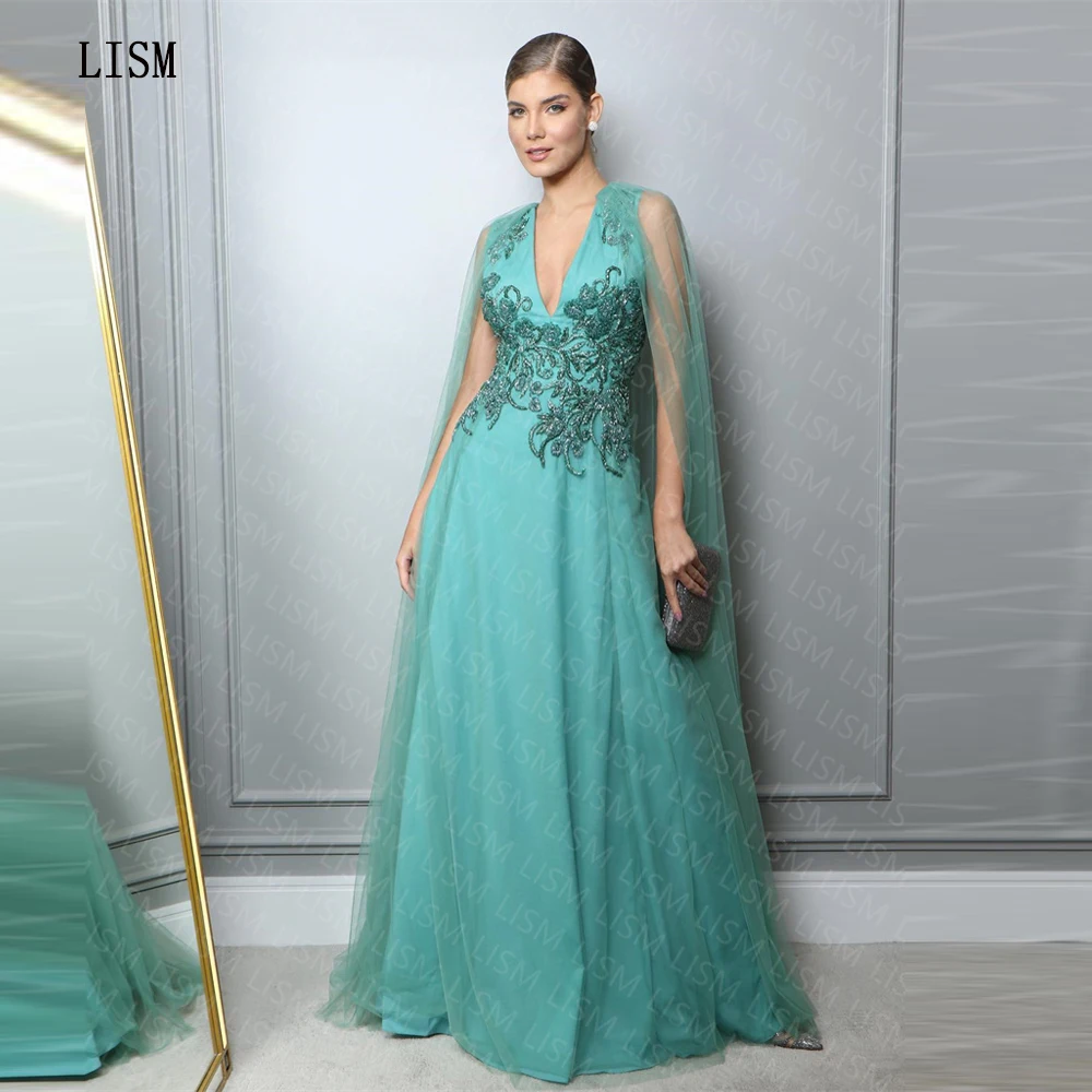 LISM Green A-line Deep V-neck Appliques Beadings Cape Sleeves Tulle Formal Celebrity Party Dress ...
