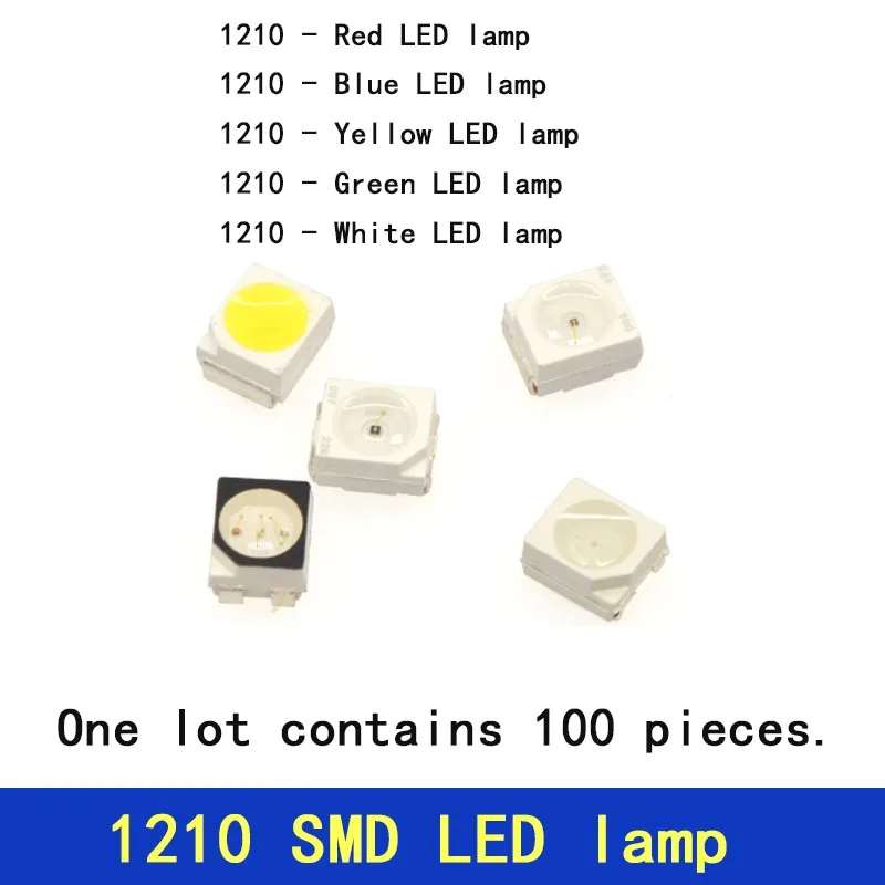 100PCS 1210 SMD LEDs, 3528 package. LED lamps in red, yellow, green ...