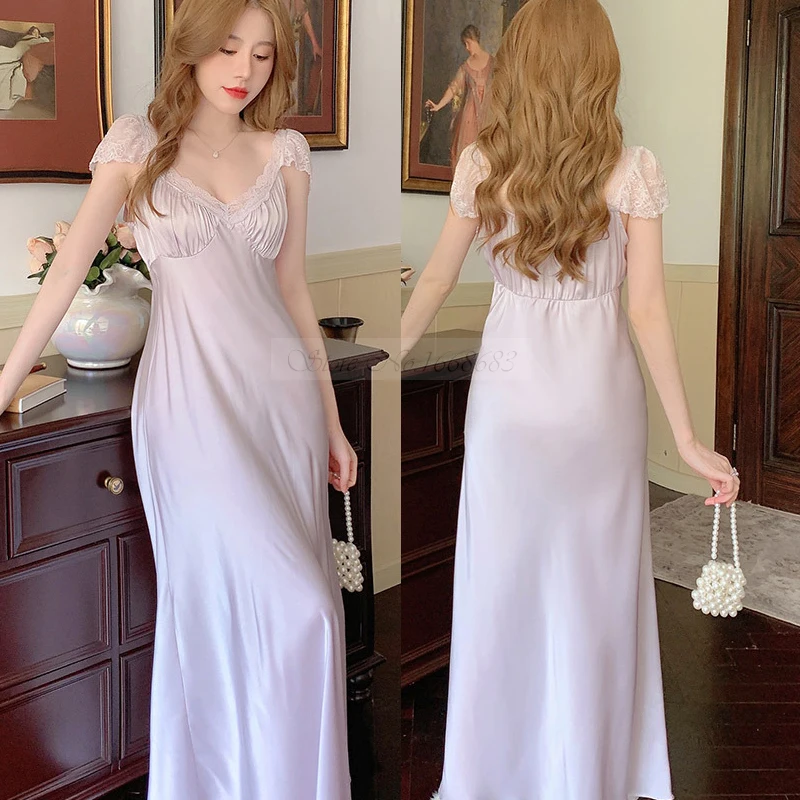 Sexy Deep V Neck Long Nightdress Sleepwear Elegant French Court Style ...