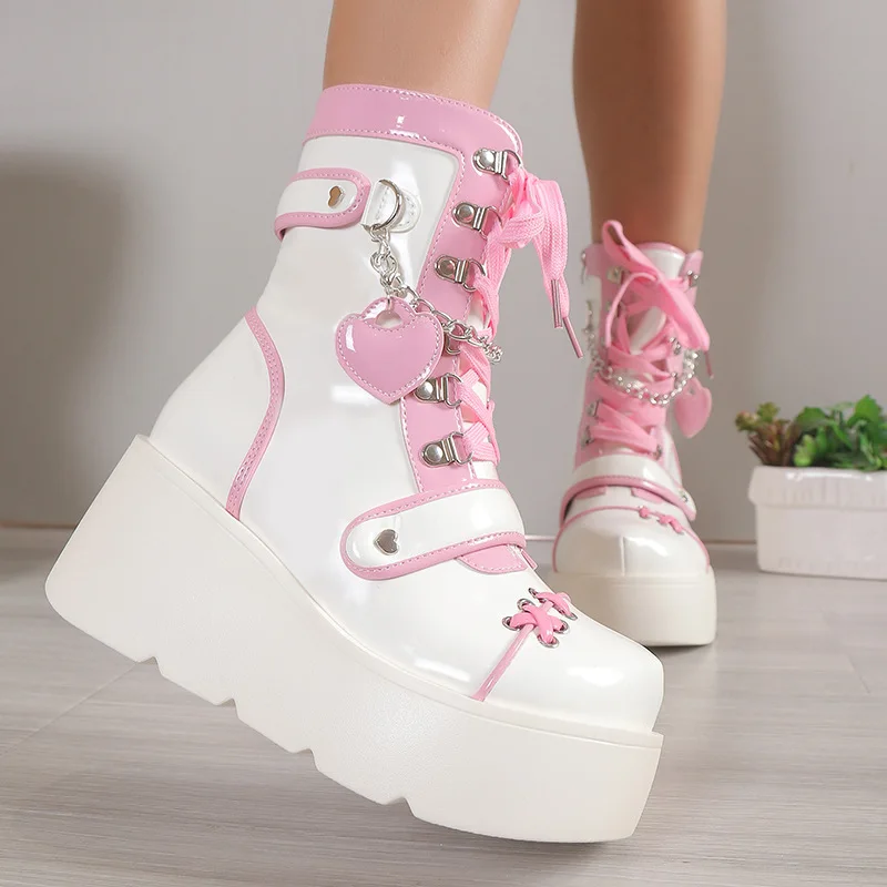 Chunky-Platform-Punk-Short-Boots-Woman-Fashion-Buckle-Cute-Pink-Ankle ...