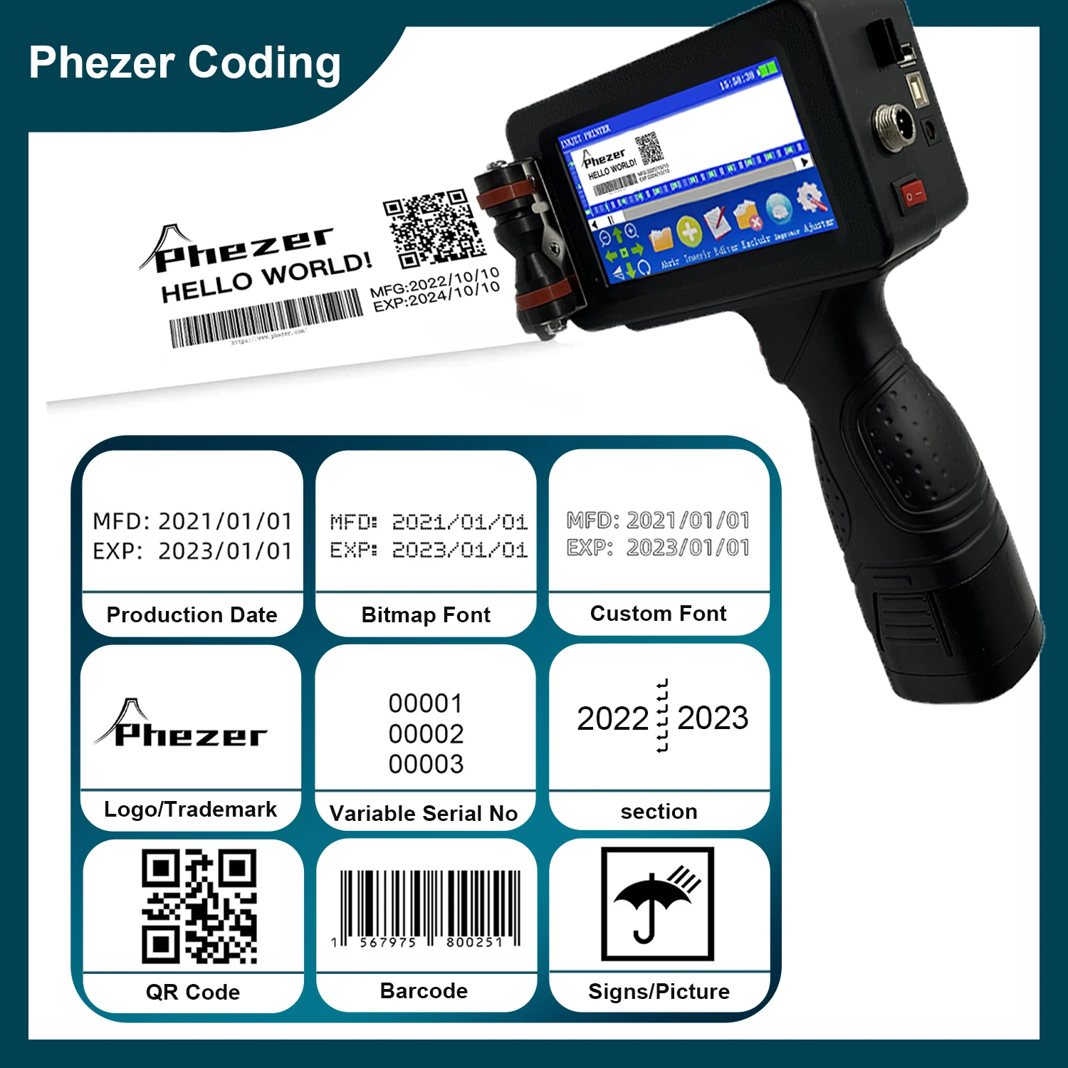 Phezer P16 12.7/25.4mm Portable Printer QR Bar Batch Code Date Number Logo Expiry Date 24 ...