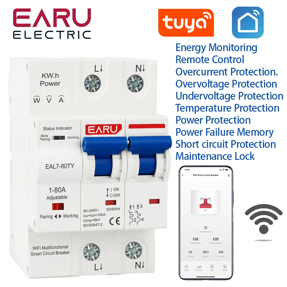 1-80A Adjustable 230V TUYA WIFI MCB Smart Circuit Breaker Energy Meter ...