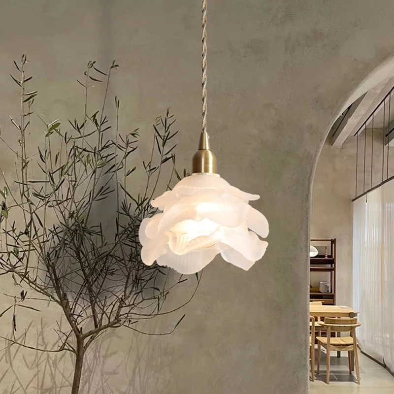 Glass-Flower-Ceiling-Chandeliers-White-Rose-LED-Light-Copper-Hanging ...