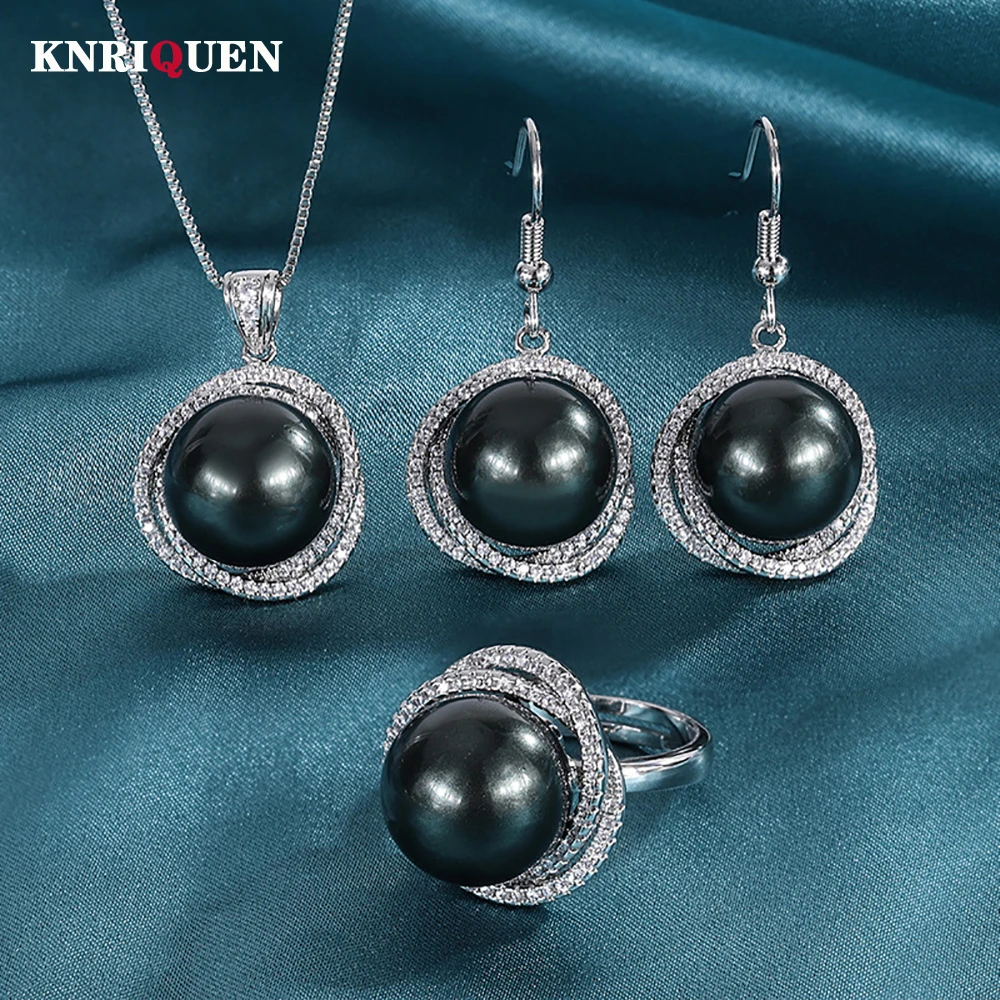Charms 14mm Black Color Pearl Lab Diamond Pendant Necklace Ring Hook ...