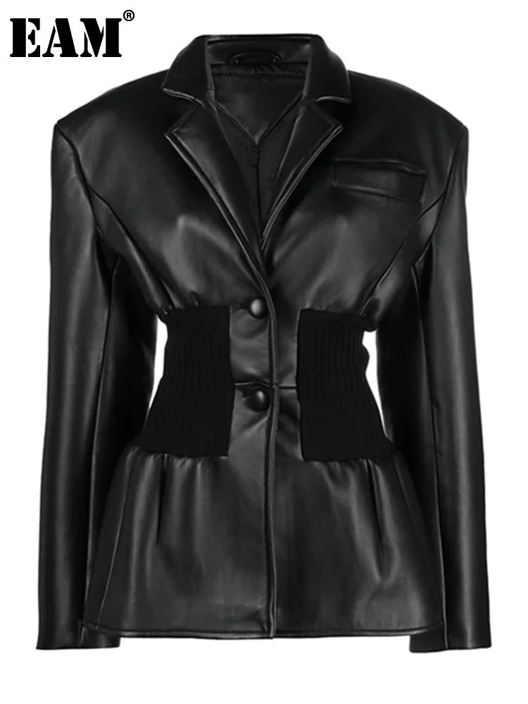 EAM-Black-Pu-Leather-Elastic-Waist-Big-Size-Jacket-New-Lapel-Long ...