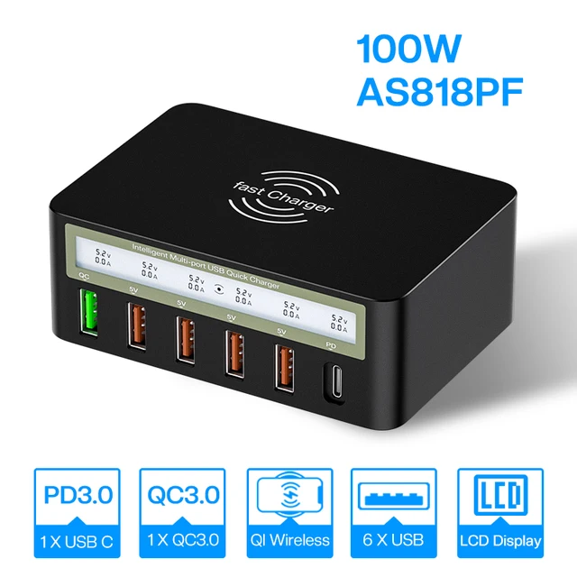 Cargador multiusb con LED, estación de carga inalámbrica QI, 4 puertos USB A DE CARGA RÁPIDA, 4 ...