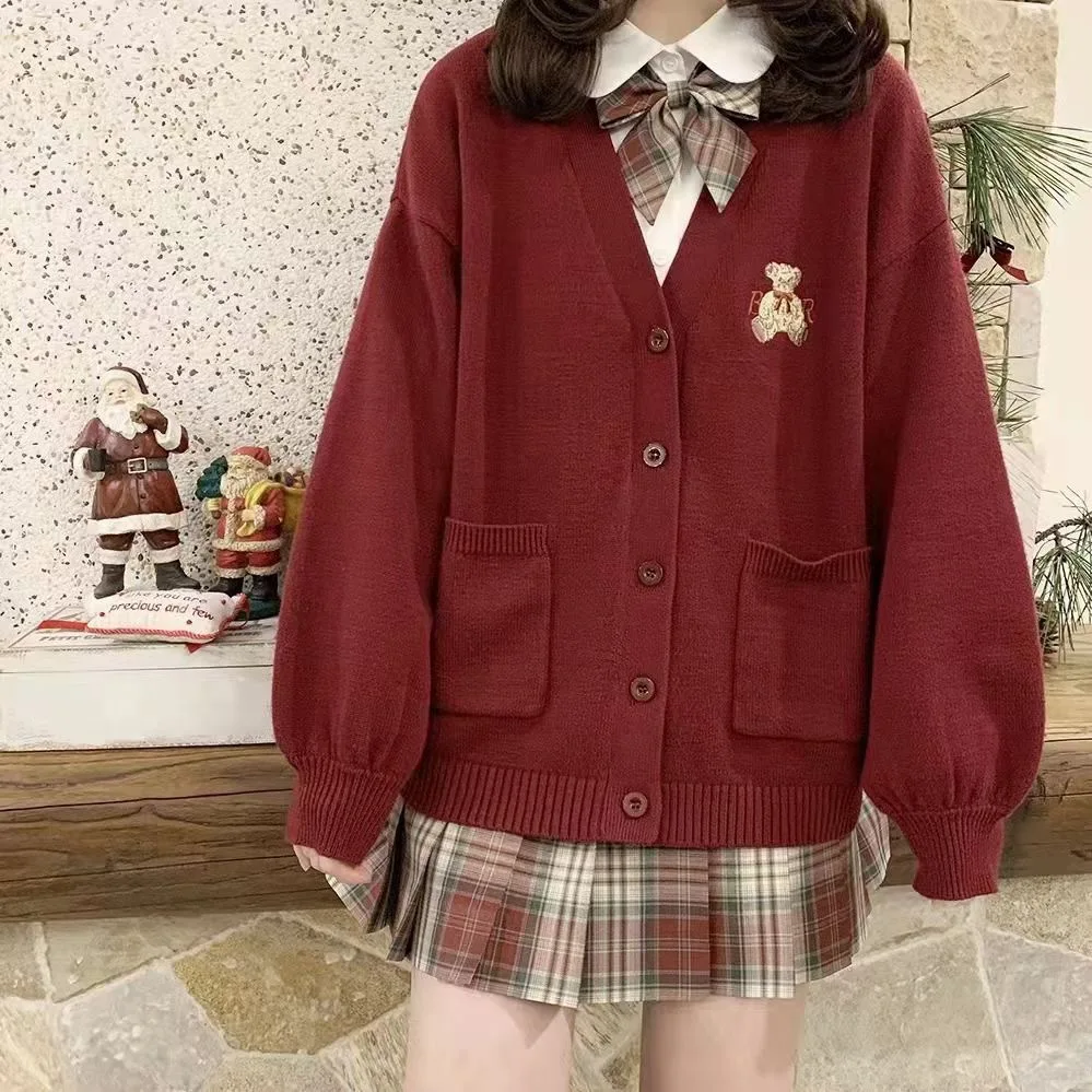 Japanese Style Cute Bear Embroidery Cardigan Women Kawaii Sweater Women ...