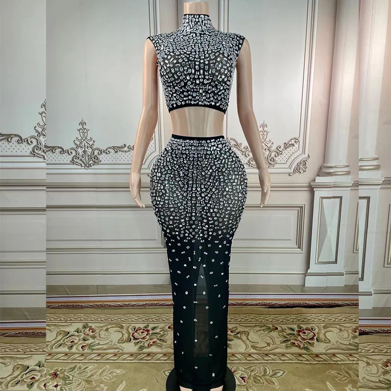 Sexy Sparkly Rhinestones Pearl Top Long Skirt Transparent Two Pieces ...