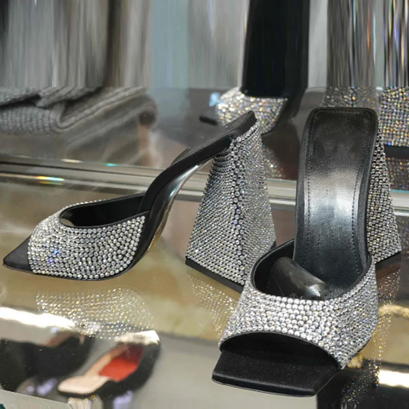 Fashion Summer Women Crystal Triangle Thick Heel Slippers Sexy Street ...