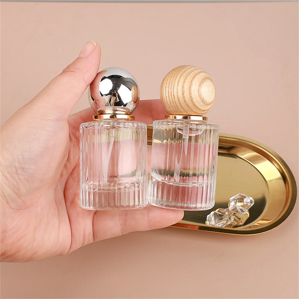 30-50ml-Round-Perfume-Bottle-Wood-Ball-Lid-Luxury-Empty-Thick-Glass ...