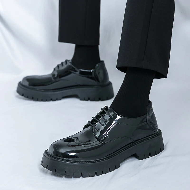 Men's Business Casual Leather Shoes Classic Black Block Leather Shoes ...