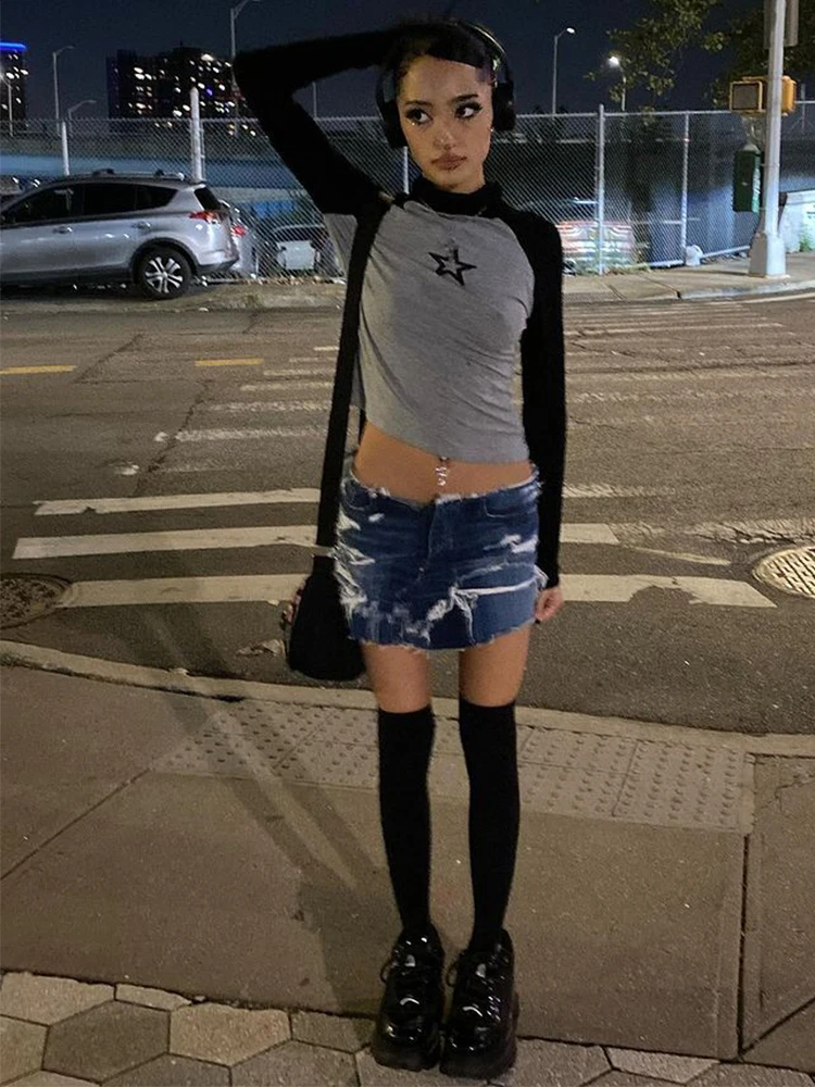 Gothic Emo สาวแผงแขนยาว Crop Top Vintage ผู้หญิง Streetwear พิมพ์ความ ...